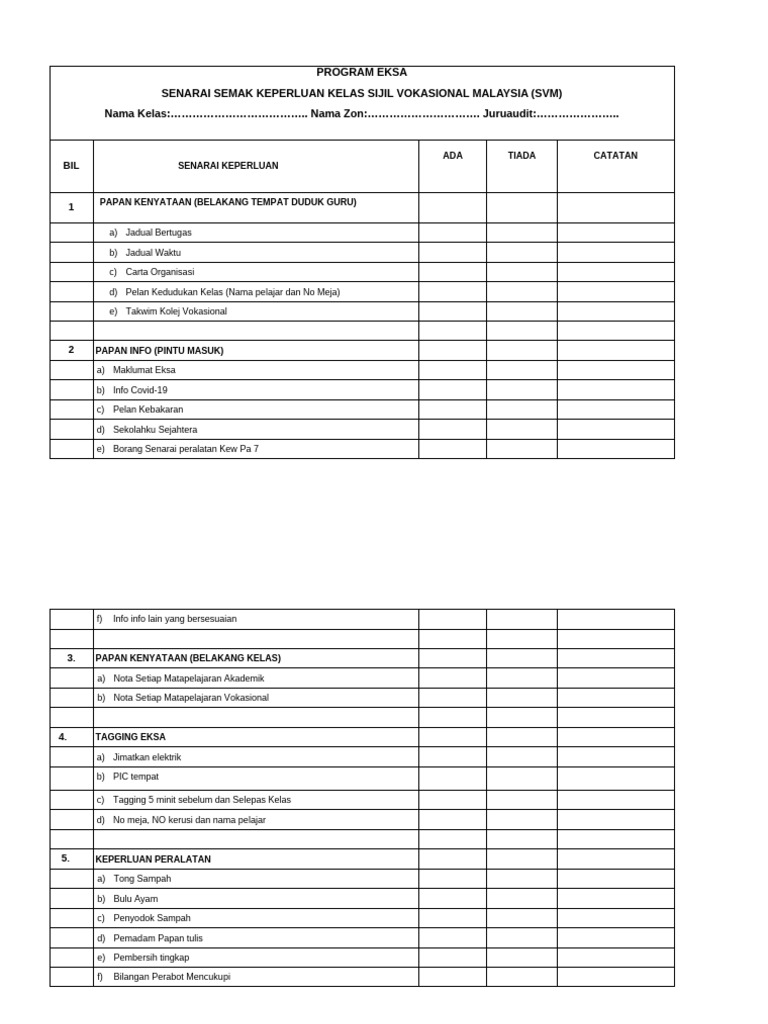 Borang Audit Kelas Eksa | PDF