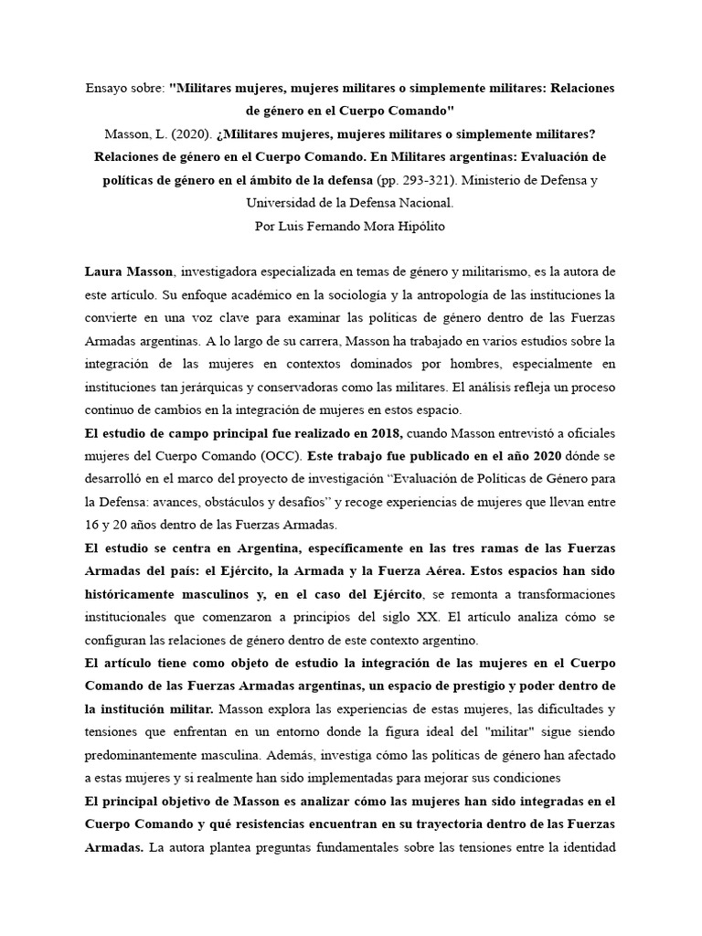 Ensayo Sobre - Militares Mujeres, Mujeres Militares o Simplemente Militares - Relaciones de ...