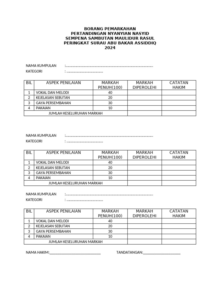 Borang Pemarkahan Nasyid | PDF