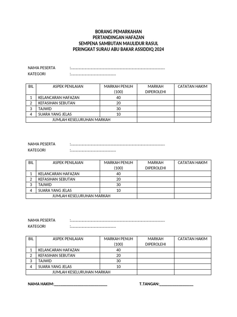 BORANG PEMARKAHAN HAFAZAN | PDF