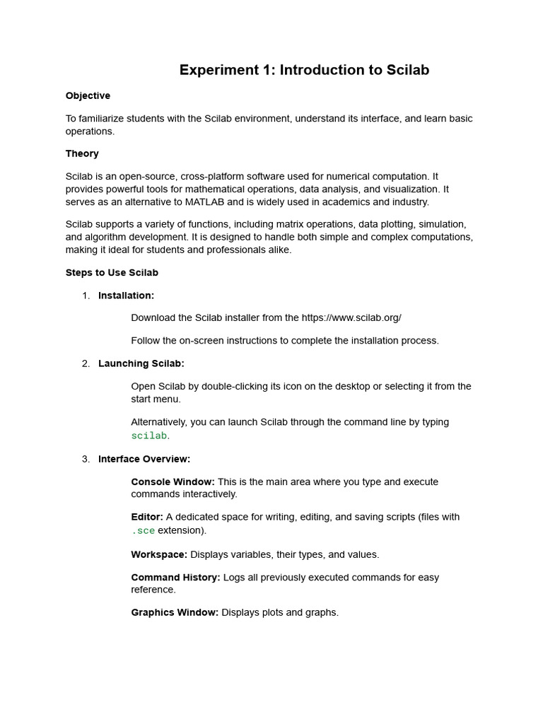 Experiment 1 Introduction To Scilab Pdf Command Line Interface 0978