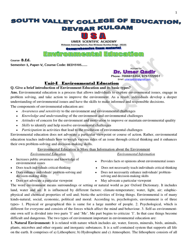 Environment Education - Unit-1 | PDF | Natural Environment | Ecology