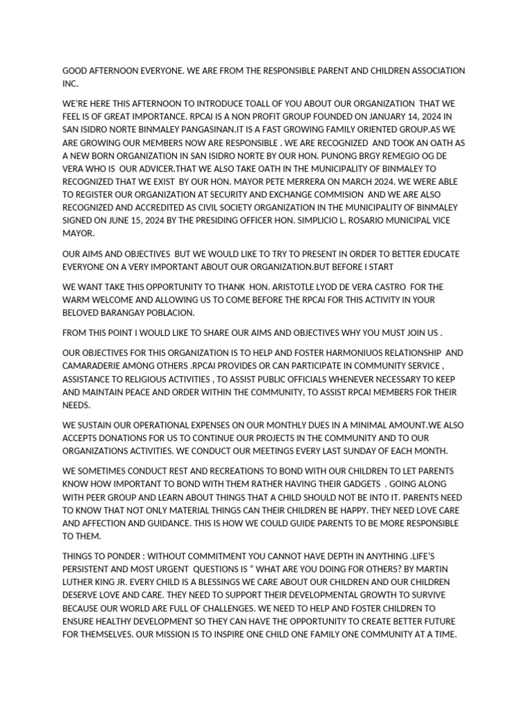 Madam Introduction and Orientation of The Organization | PDF ...