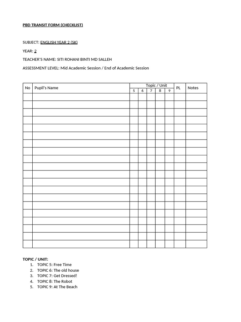 PBD TRANSIT FORM - ENG YEAR 2 (Checklist) | PDF | Learning | Behavior ...