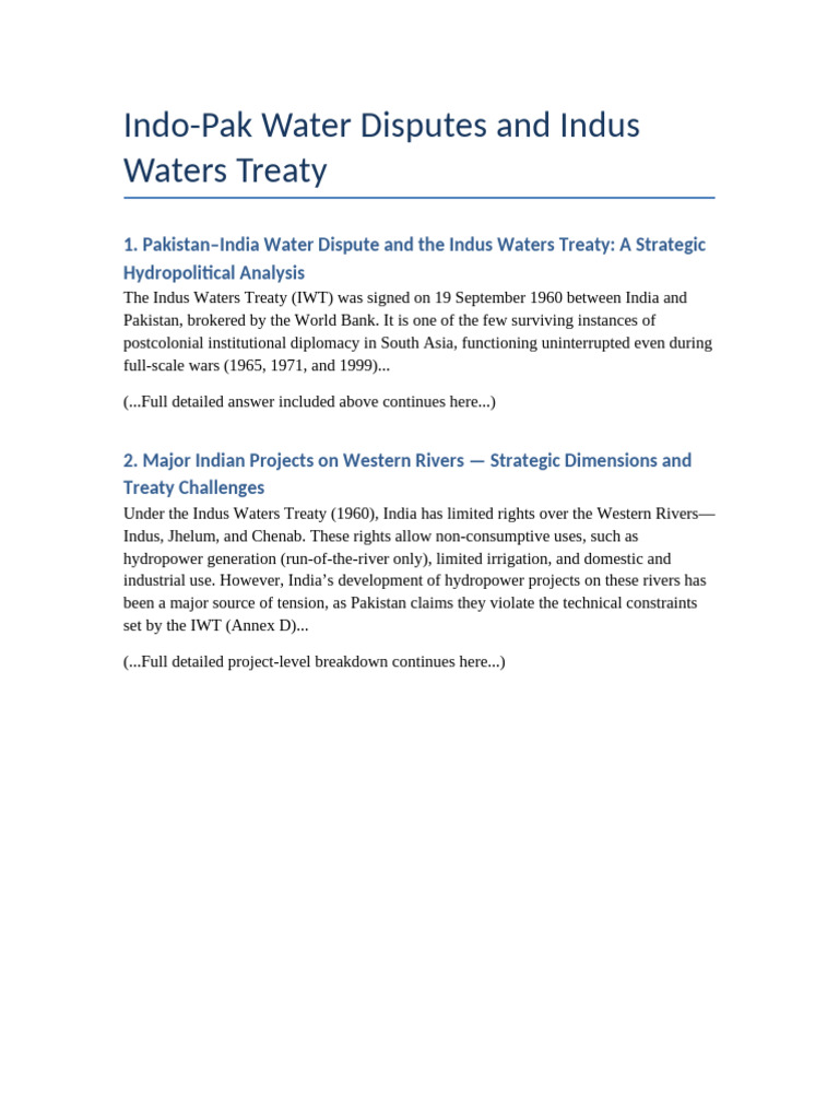 Indus Water Dispute and Projects | PDF