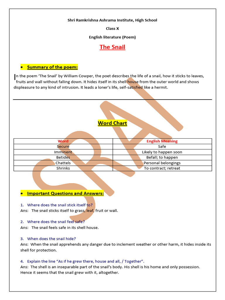 English ClassX Poem The Snail | PDF