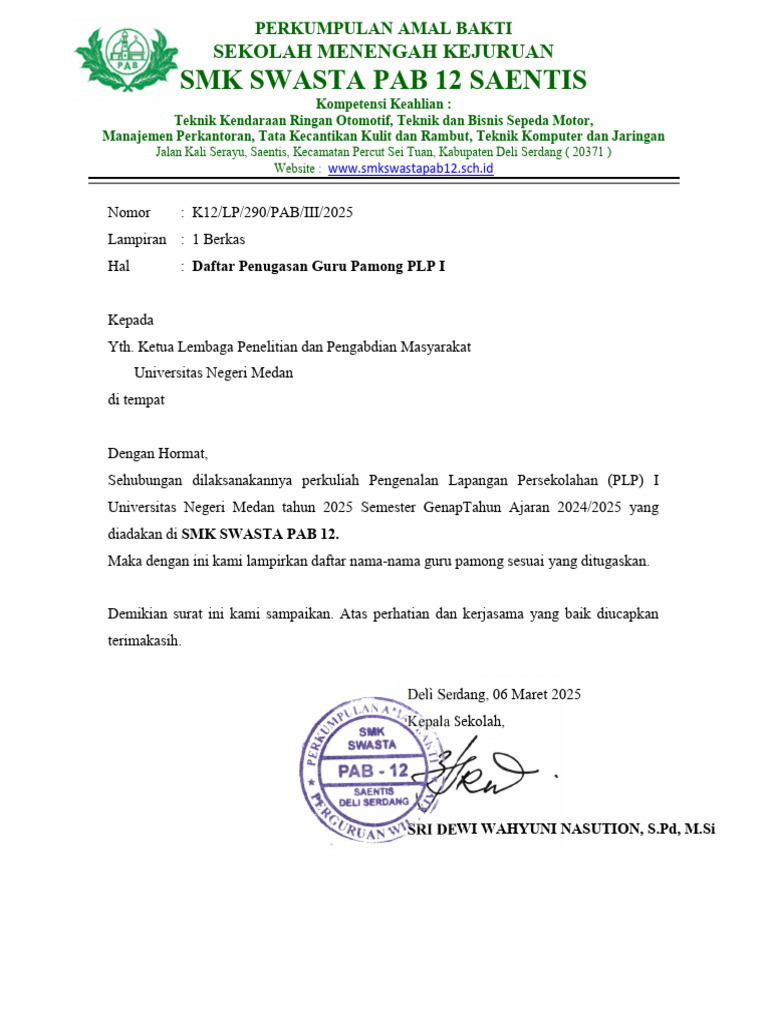 Daftar Guru Pamong PLP I SMK PAB 12 | PDF