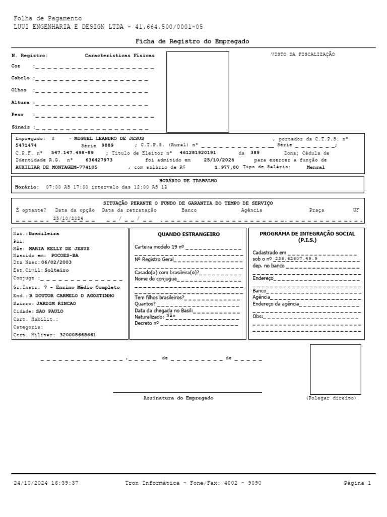 Ficha de Registro - Miguel Leandro | PDF