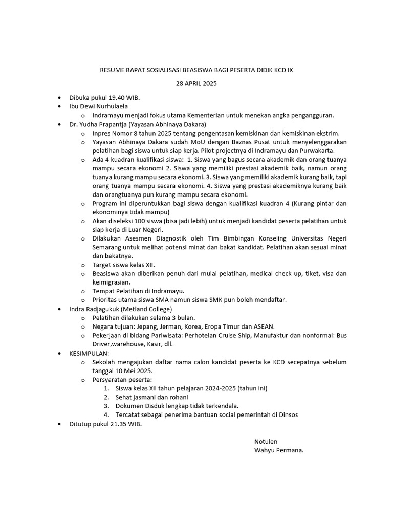 Resume Rapat Sosialisasi Beasiswa Bagi Peserta Didik Kcd Ix | PDF
