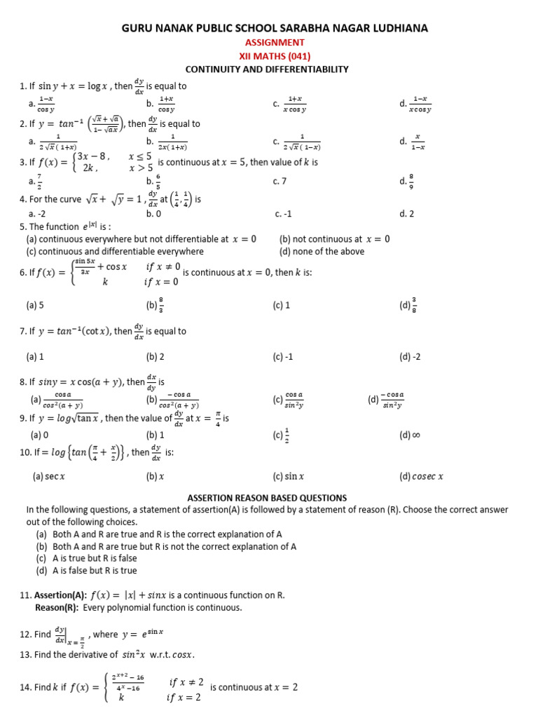 Assignment Xii Cont Diff | PDF | Function (Mathematics) | Mathematical Relations