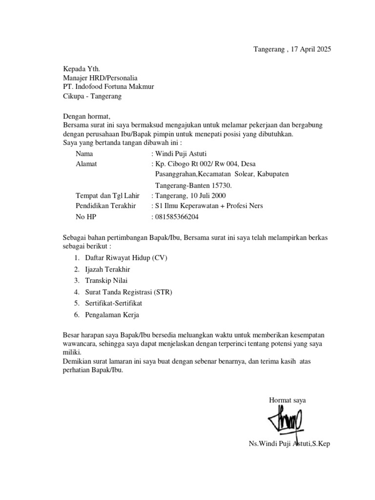 Berkas Lamaran WINDI PUJI ASTUTI. PT. INDOFOOD FORTUNA MAKMUR | PDF