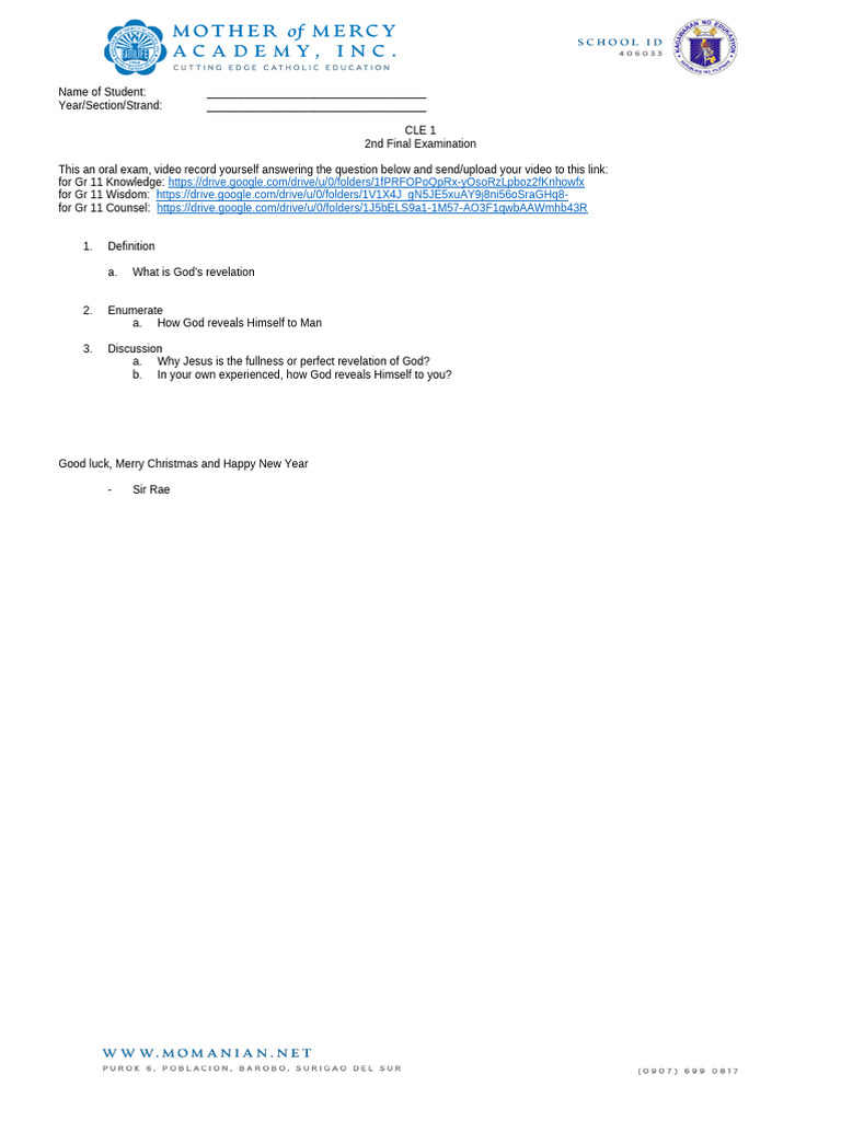 Exam Grade 11 CLE 1 1st Sem Final Exam | PDF