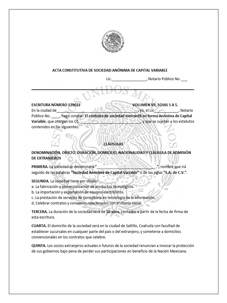 Acta Constitutiva de Sociedad Anónima de Capital Variable | PDF | Sociedad de responsabilidad ...