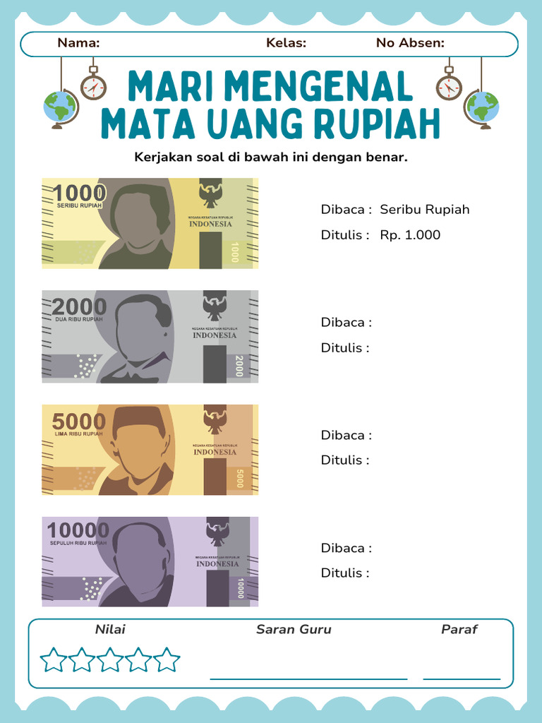 Biru Muda Ceria Kreatif Ilustrasi Lembar Kerja Mengenal Mata Uang Rupiah | PDF