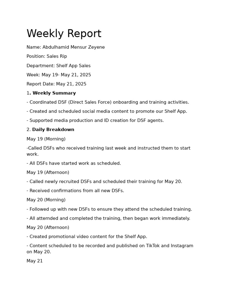 Weekly Sales Report: Shelf App Activities | PDF
