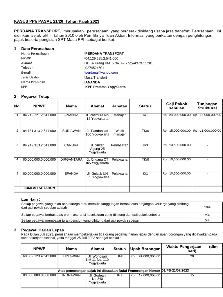 Kasus PJK & Aplikasi 2a - PPH Pasal 21 Op Karyawan Tetap | PDF