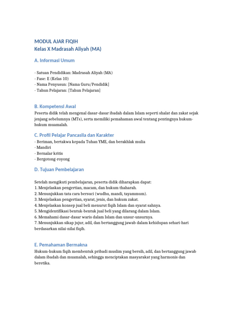 Modul Ajar Fiqih MA Kelas 10 | PDF