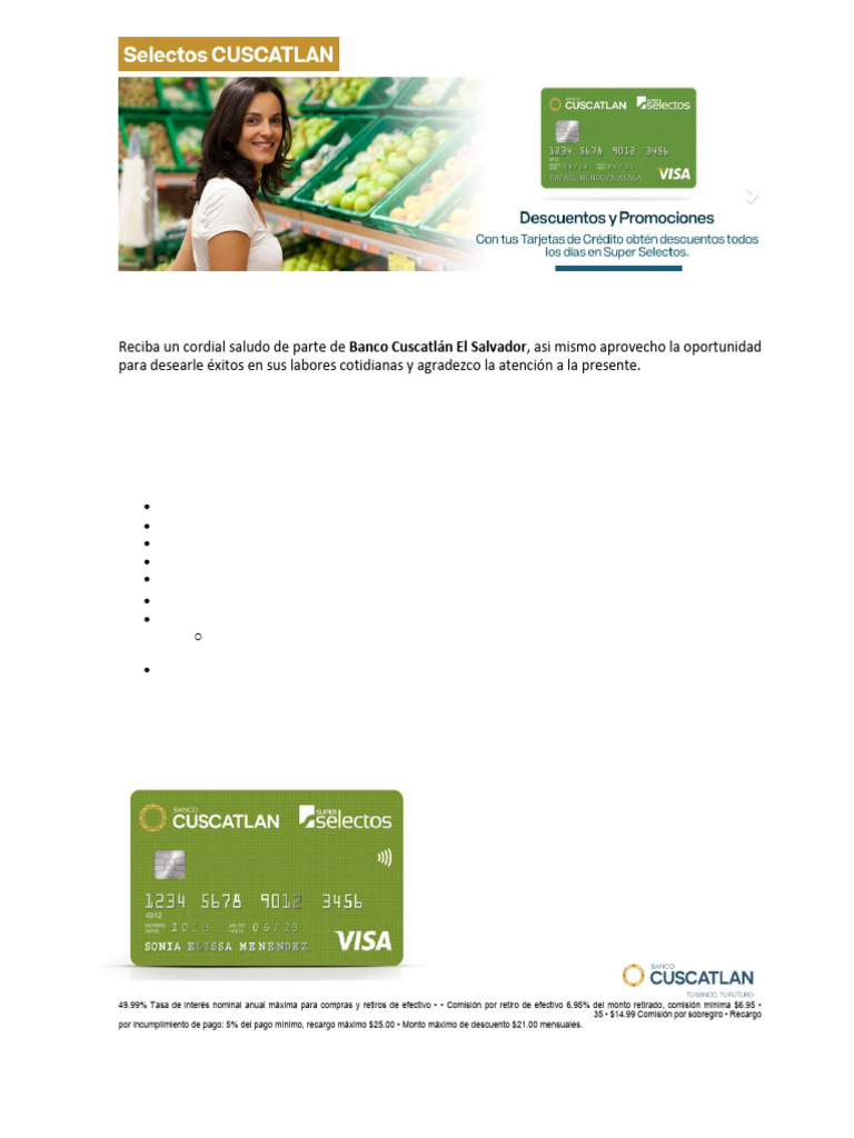 Beneficios de la Tarjeta Selectos Cuscatlán | PDF
