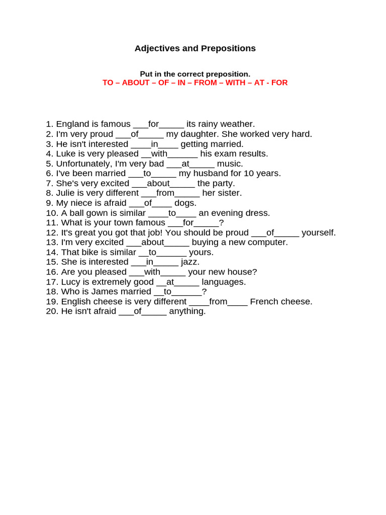 Student S - Prepositions After Adjectives | PDF