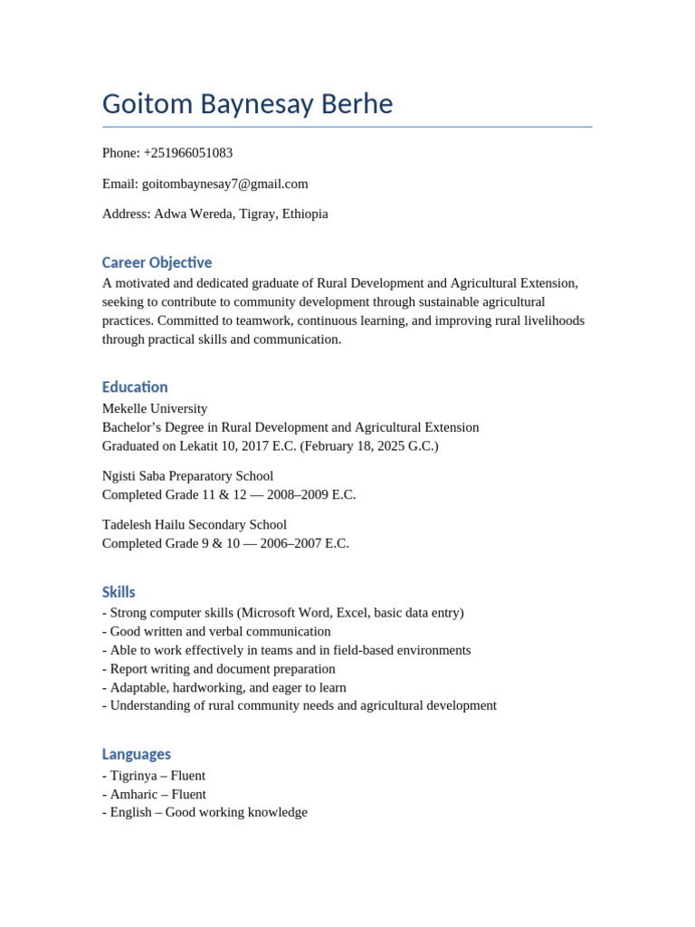 Goitom Baynesay Berhe CV | PDF