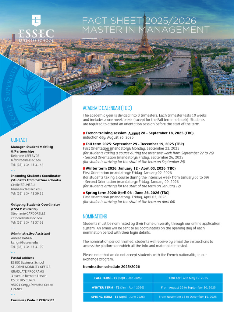 ESSEC MiM Fact Sheet 2025-26 | PDF | Travel Visa | Fee