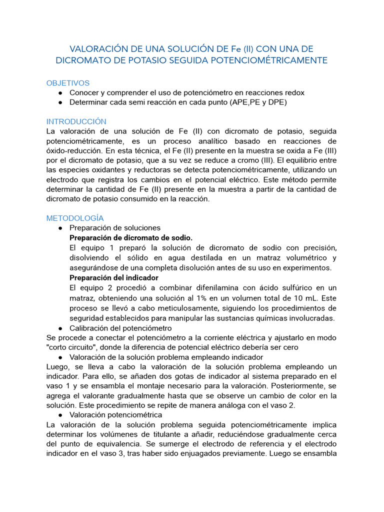 VALORACIÓN DE UNA SOLUCIÓN DE Fe (II) CON UNA DE DICROMATO DE POTASIO ...