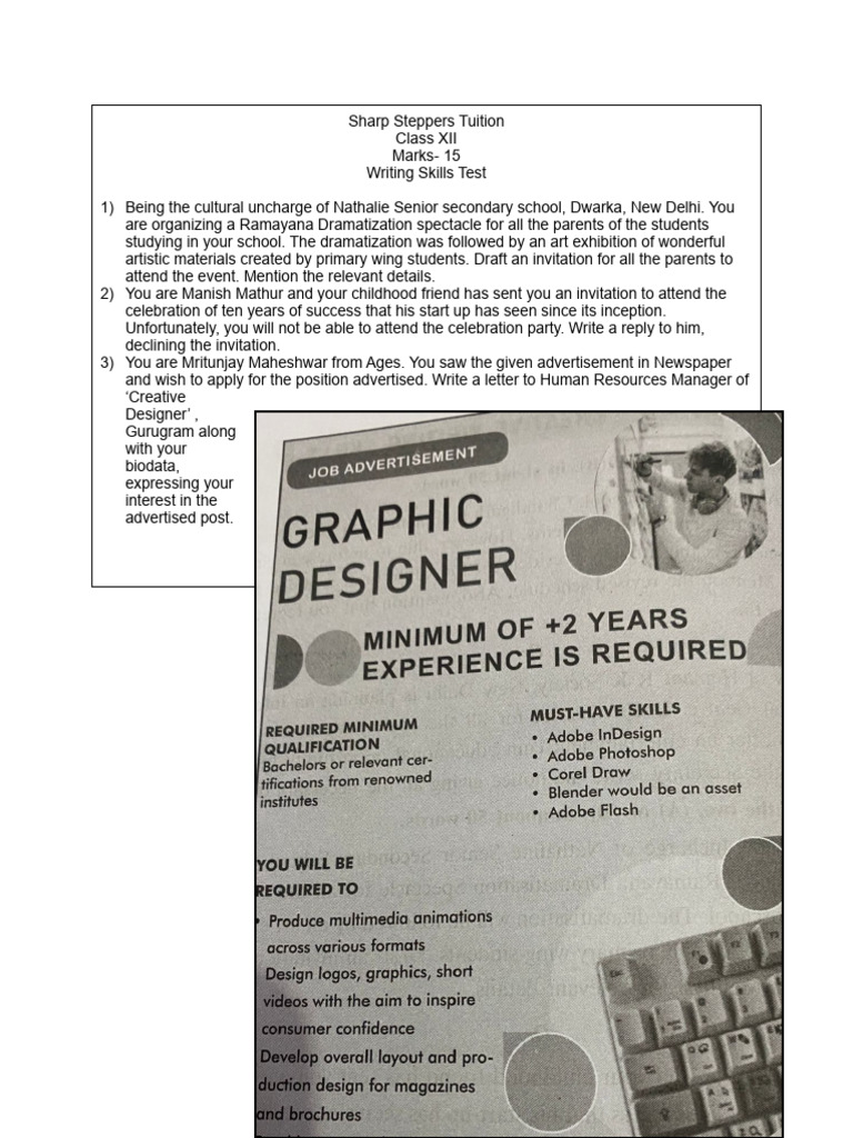 Writing Skills Test 12 Class | PDF