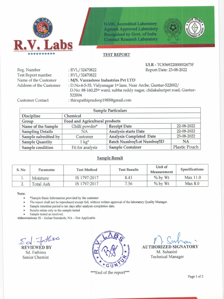 Chilli Powder Test Report Summary | PDF