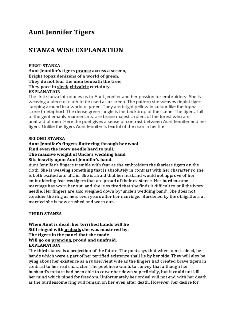 Aunt Jennifer Tigers- Stanza wise explain | PDF | Textiles