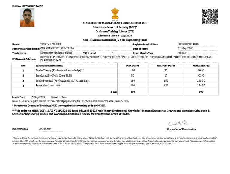 AITT Mark Sheet for Electronics Mechanic | PDF