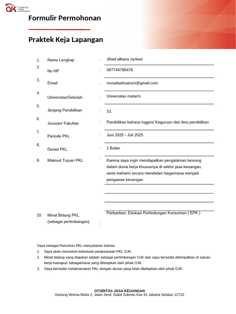 Formulir Permohonan PKL | PDF