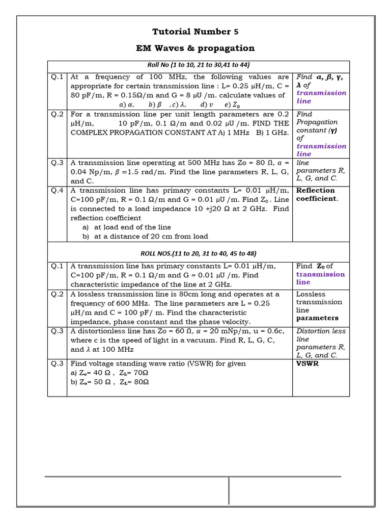 EM Waves & Prop. tutorial 5_2023-2024 Divion I_ECE_IV | PDF ...