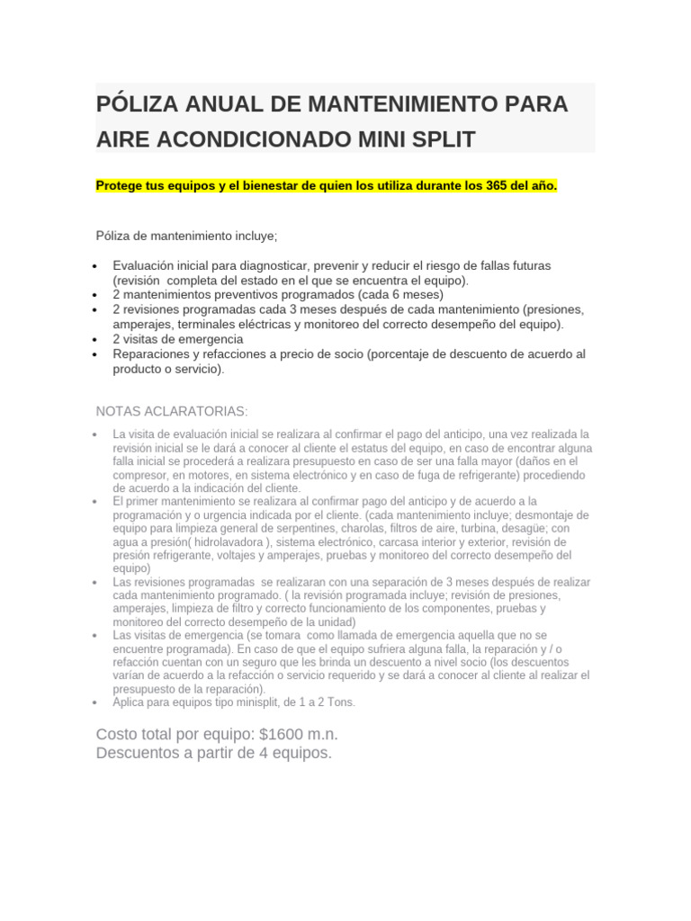Póliza Anual de Mantenimiento para Aire Acondicionado Mini Split | PDF | Aire acondicionado