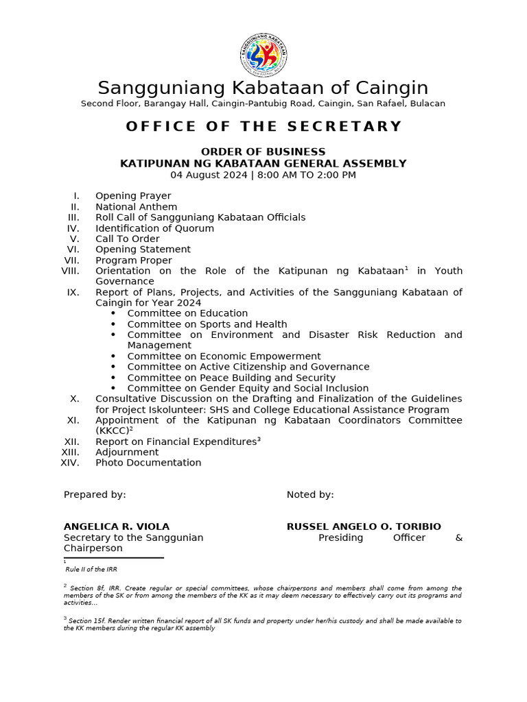 Order of Business - KK Assembly August 04 | PDF