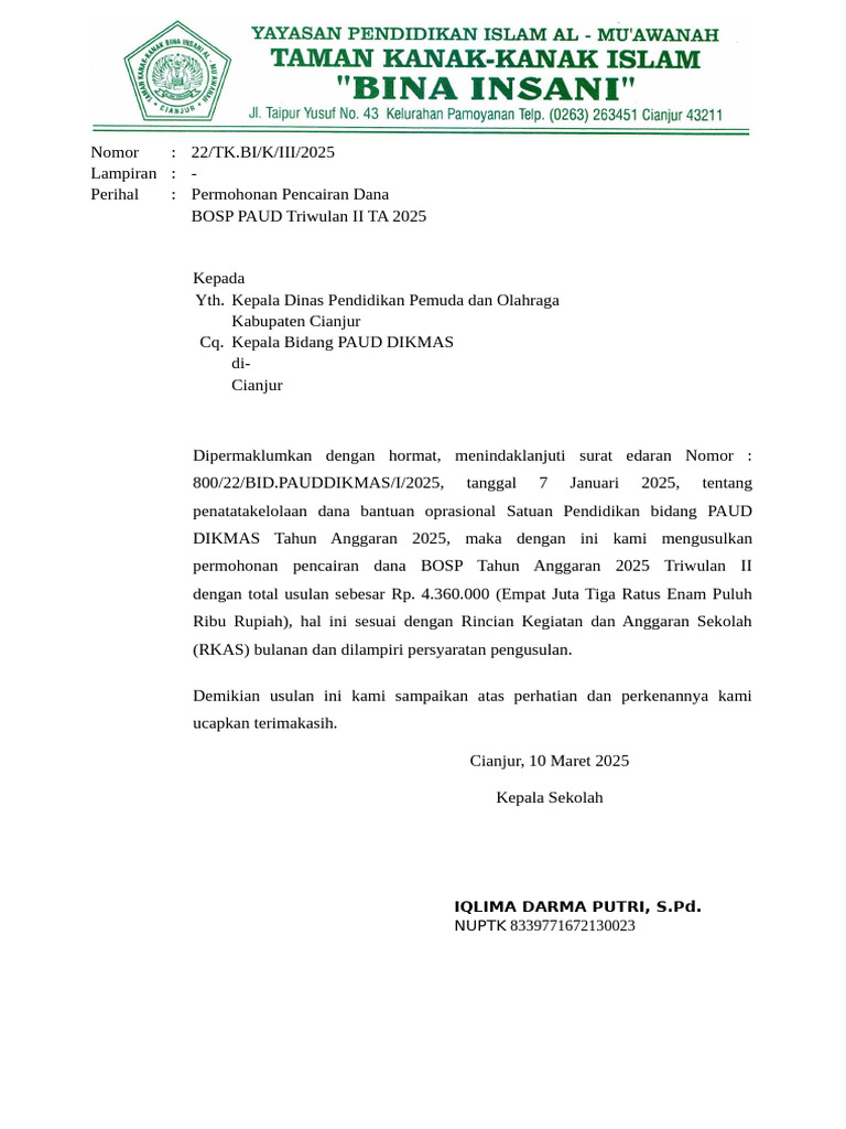 Surat Rekomendasi Pencairan Dana Bosp Paud 2025 - Satdik | PDF