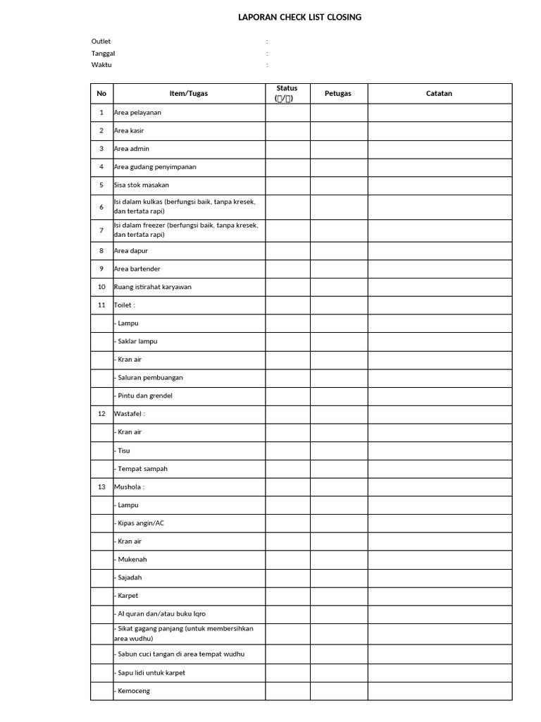 Checklist Penutupan Outlet | PDF