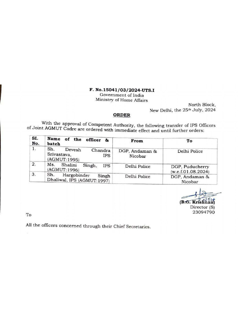 Transfer and Posting of DGP - Ms Shalini Singh IPS (1995) - Joint AGMUT Cadre - 25.07.24 | PDF