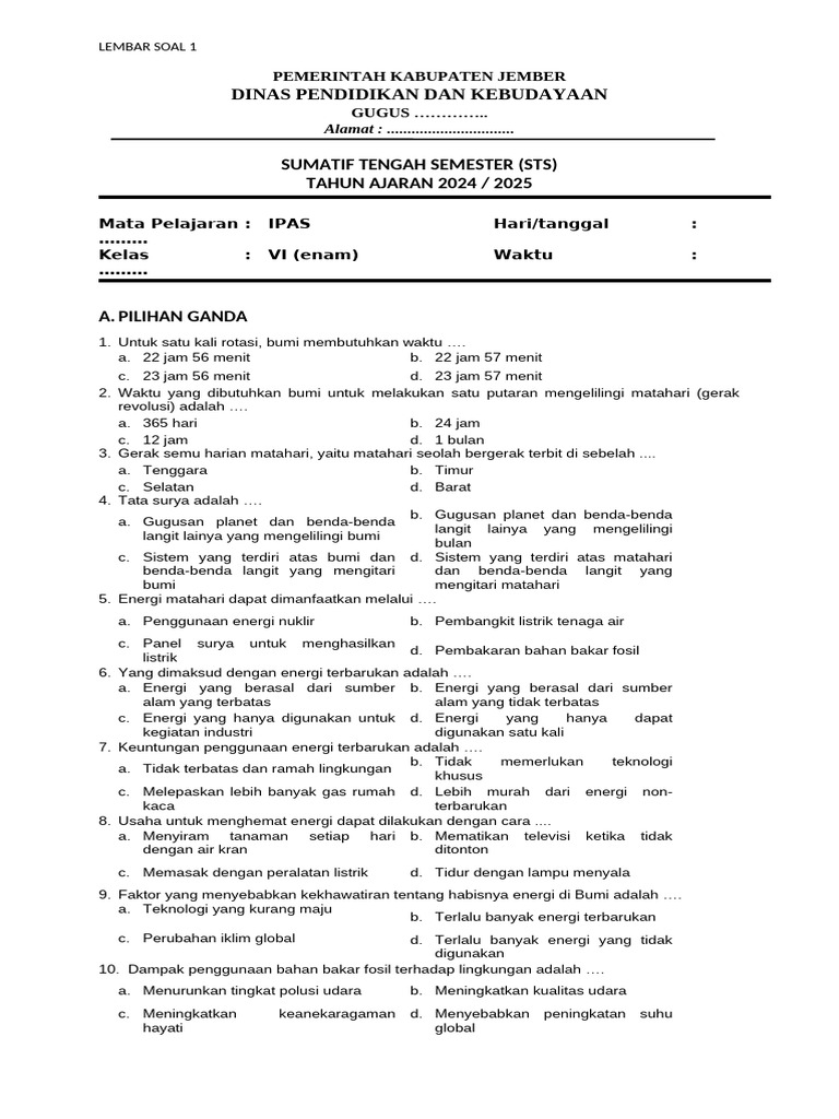 Soal 1 Les STS 2 Ipas Kelas 6 | PDF