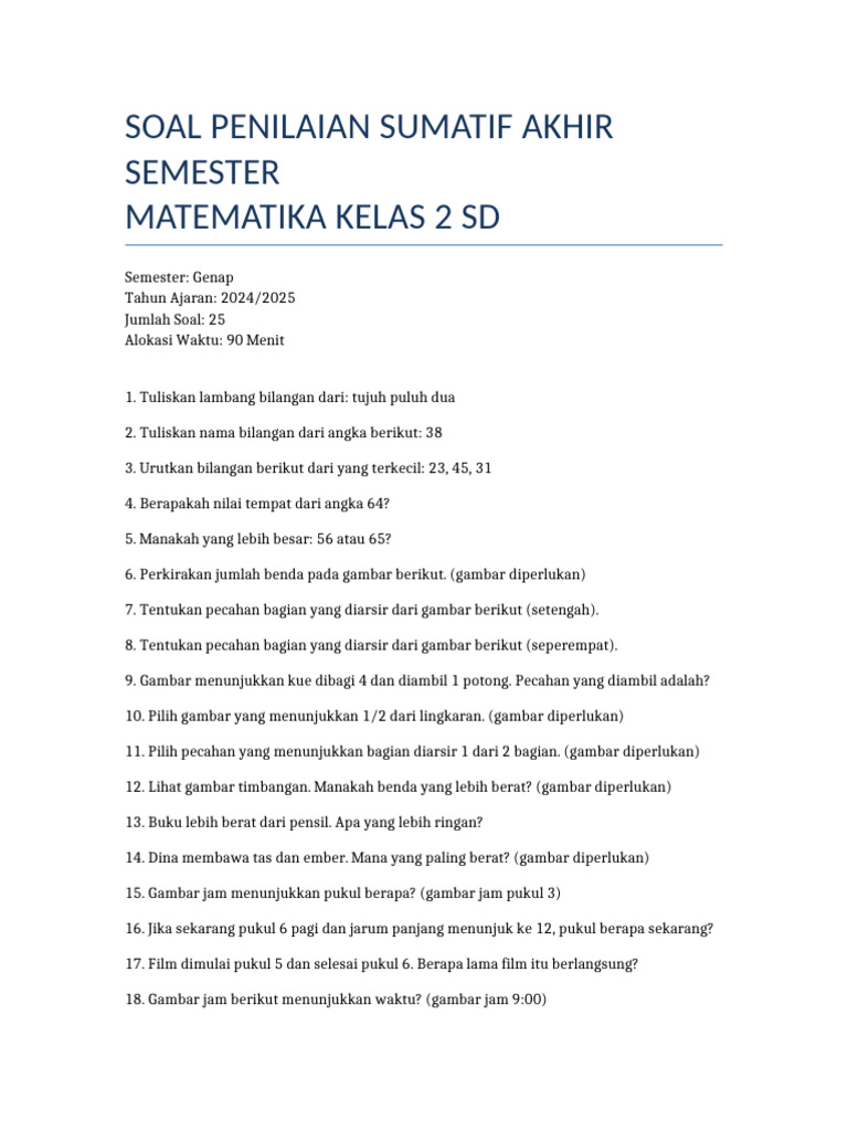 Soal PSAS Matematika Kelas 2 Semester 2 FINAL | PDF