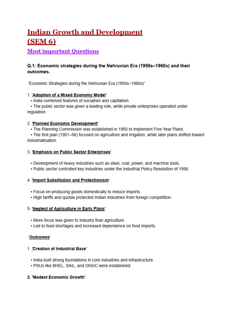 Indian Growth and Development Imp Questions | PDF | Agriculture | Crowding Out (Economics)