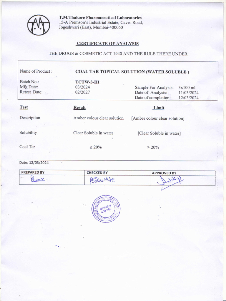 COA of Coal Tar Topical Solution Water Soluble | PDF