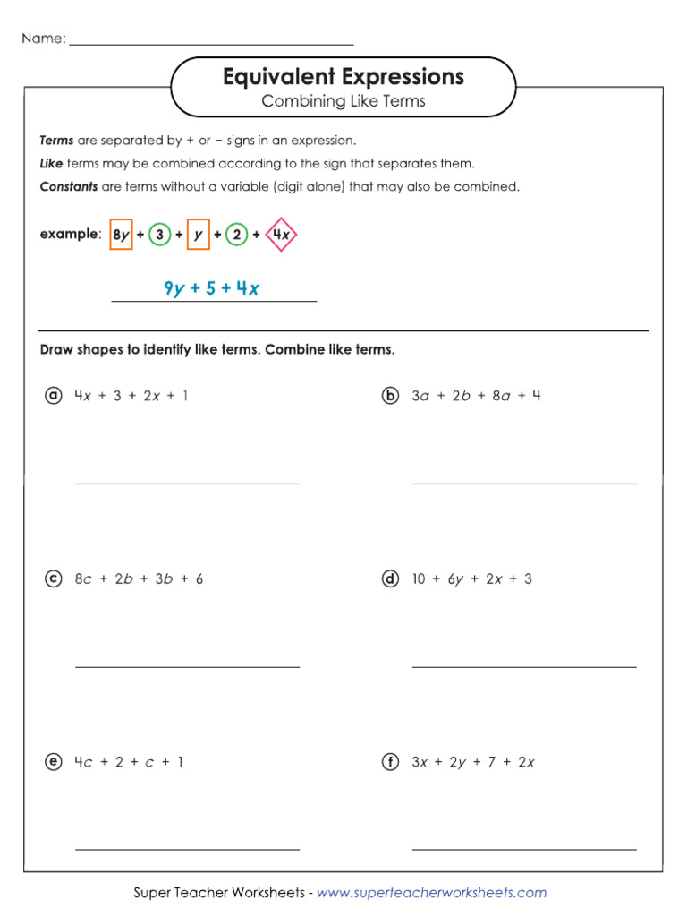Equivalent Expressions Combining Like Terms Basic EECTB | PDF