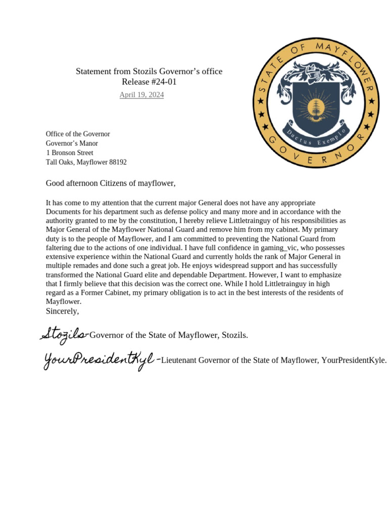 Letter Regarding The Mayflower National Guard, Statement#24-01 | PDF