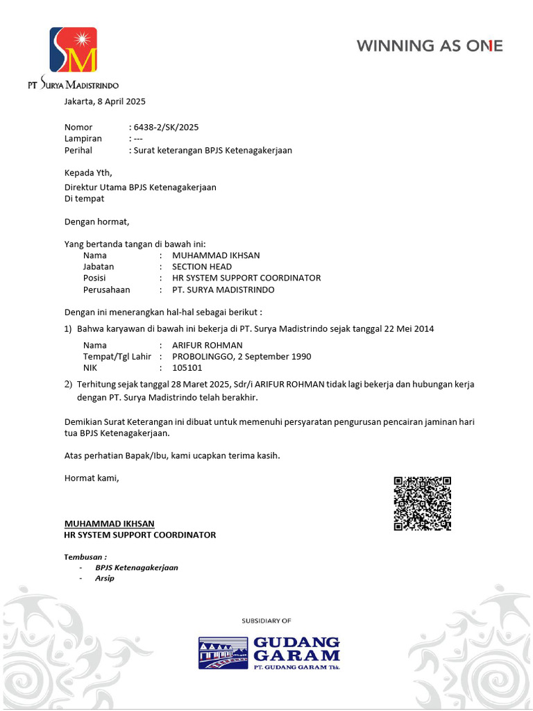 Surat Keterangan Pencairan BPJS Ketenagakerjaan | PDF