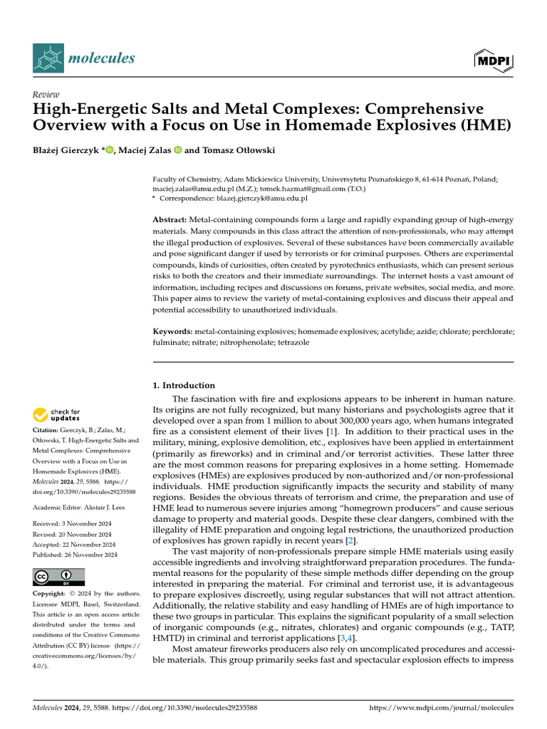 %%energetic Salts and Metal Complexes Comprehensicve Overveiw With Focus On HME (P) | PDF ...