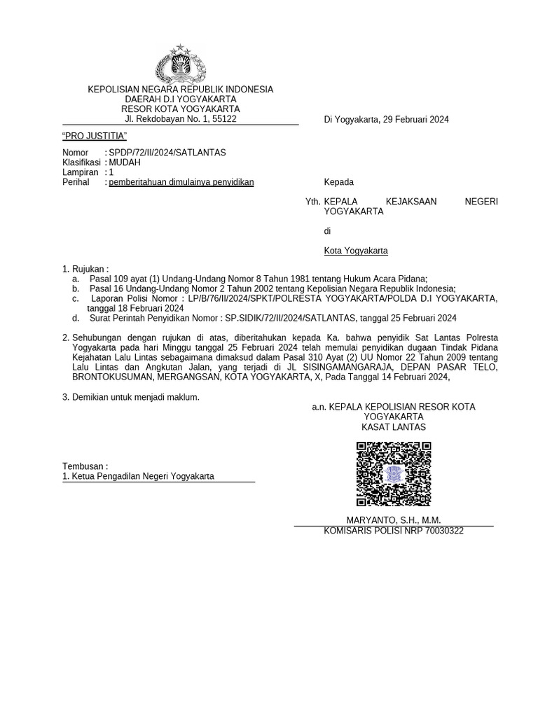 Surat Pemberitahuan Dimulainya Penyidikan - KOTA YOGYAKARTA | PDF