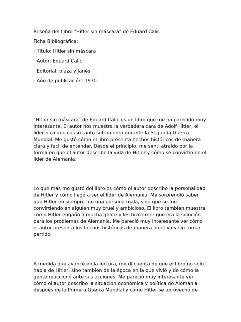 Reseña de "Hitler sin máscara" de Calic | PDF | Adolf Hitler | nazismo