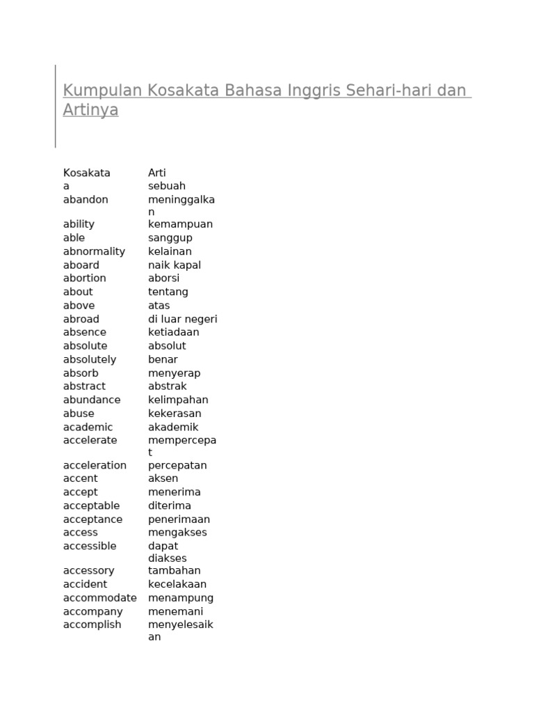 Kumpulan Kosakata Bahasa Inggris Sehari | PDF