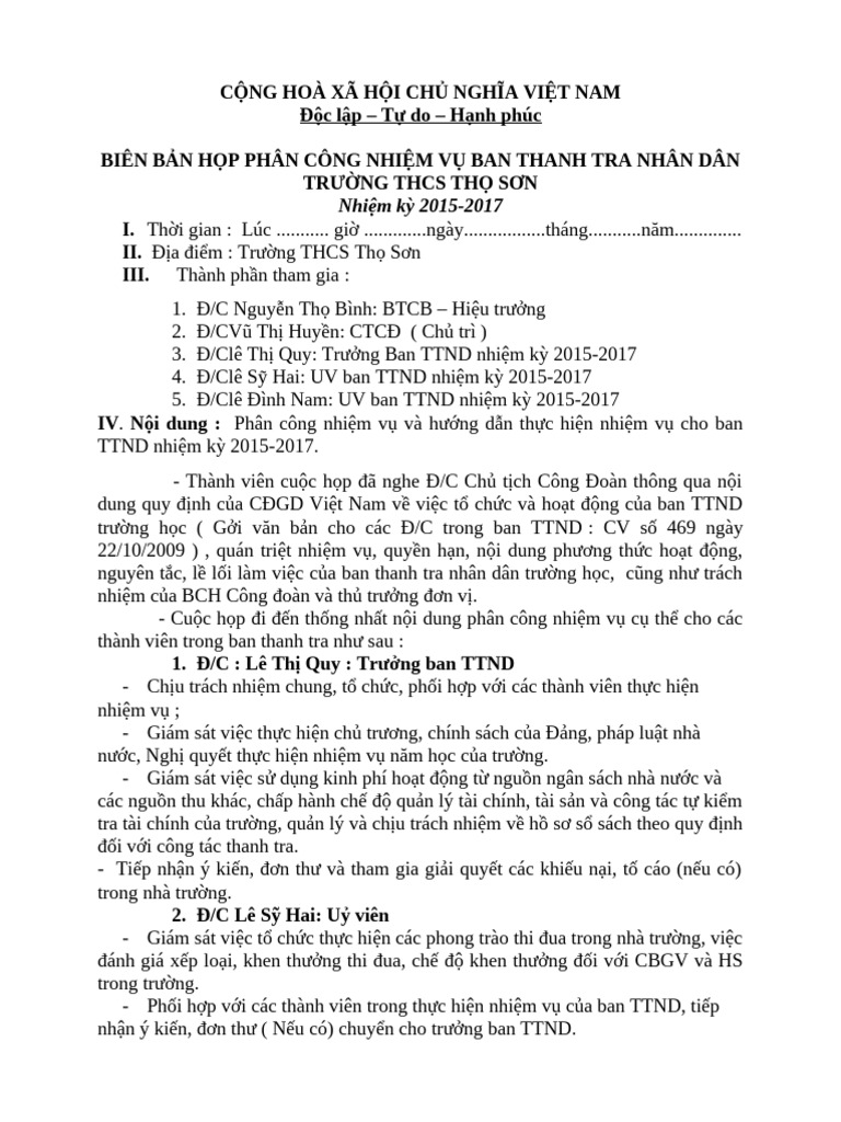 Bien Ban Phan Cong Nhiem Vu Ban Thanh Tra Nhan Dan | PDF