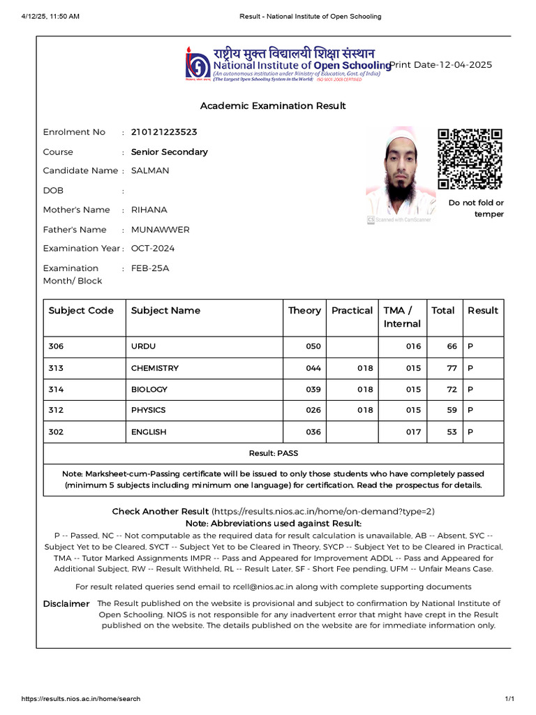 NIOS Senior Secondary Exam Result 2024 | PDF